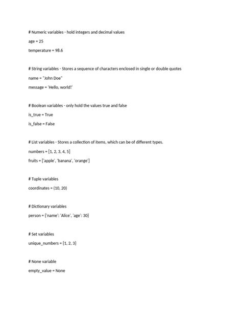 Numeric Variables Pdf