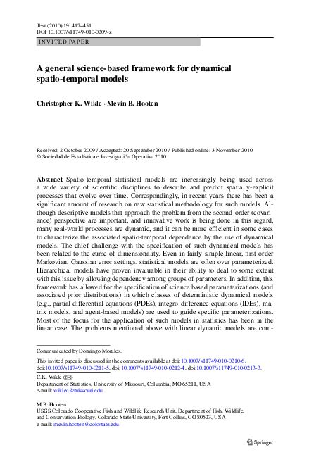 Pdf A General Science Based Framework For Dynamical Spatio Temporal Models