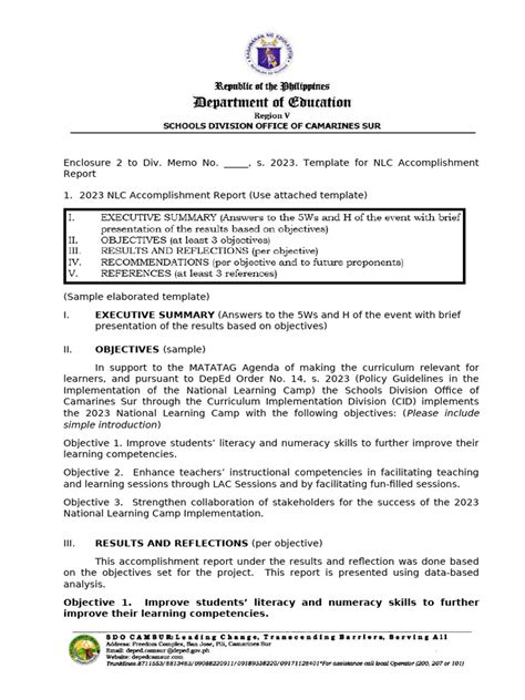 Nlc Accomplishment Report Template Pdf Literacy Learning