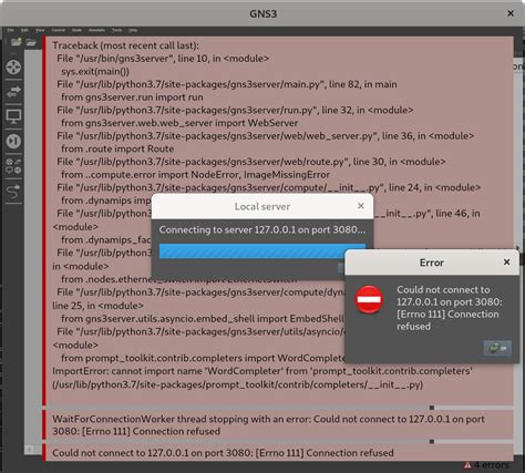 linux arch gns3 could not connect to 127 0 0 1 on port 3080 [errno