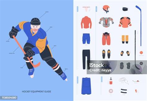 성인 남성 플레이어 아이스 하 키 장비 가이드 고립 된 평면 벡터 일러스트입니다 언더 아머 옷 갑옷 헬멧 액세서리 스틱 퍽 등의 유니폼 및 하 키 필요한 장비에 남자와 인포