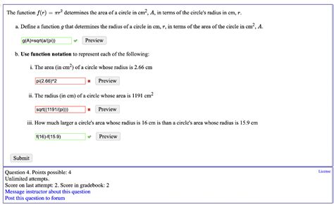 solved the function f r πr2 determines the area of a circle
