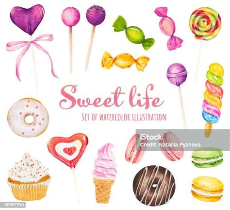 아이스크림 사탕 도넛 컵 케이크 롤리팝 과 흰색 배경에 고립 된 마카롱 수채화 과자의 세트 수채화에 대한 스톡 벡터 아트 및