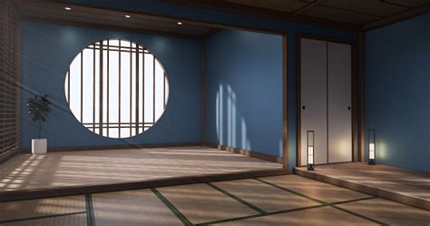 원형 선반 벽 디자인 파란색 빈 방 일본어 Deisgn 다다미 매트 바닥 3d 렌더링 0명에 대한 스톡 사진 및 기타 이미지