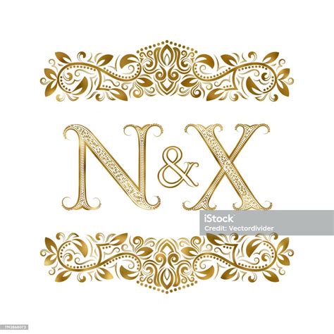 N 및 X 빈티지 이니셜 기호입니다 편지는 장식 요소로 둘러싸여 있습니다 결혼식 또는 비즈니스 파트너 로얄 스타일의 모노그램 결혼식에 대한 스톡 벡터 아트 및 기타 이미지