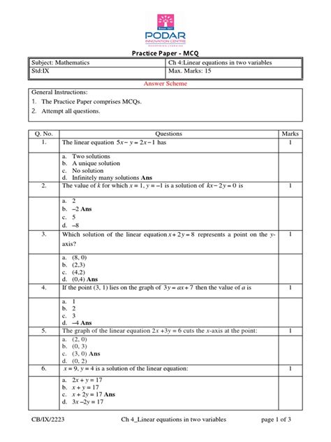 Linear Equation Mcq Pdf Cartesian Coordinate System Equations