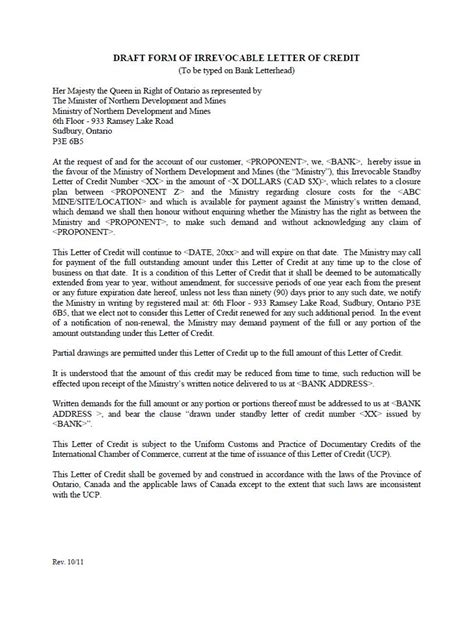 Draft Form Of Irrevocable Letter Of Cred Publications Ontario