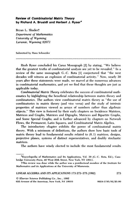 pdf review of combinatorial matrix theory by richard a brualdi and
