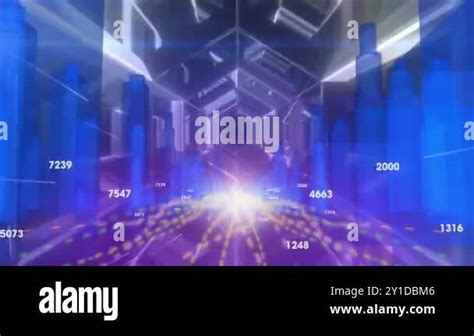 Digital Data Visualization Animation With Numbers And Geometric Shapes Over Futuristic Tunnel