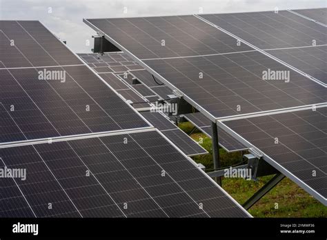 Rows Array Of Photovoltaics Solar Cells In Solar Power Station