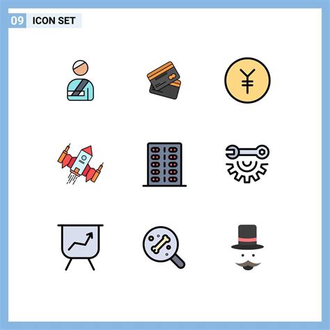 Set Of 9 Vector Filledline Flat Colors On Grid For Space Spaceship