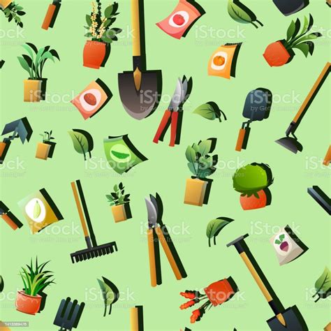 농업 농촌 정원 도구 녹색 이음새가 없는 패턴 삽 갈퀴와 괭이 실내 식물이있는 꽃 냄비 야채 씨앗의 패킷 벡터 벡터에 대한 스톡