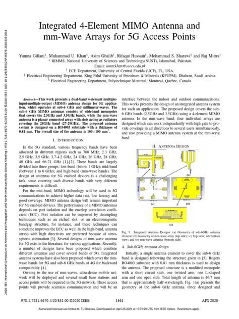 Integrated 4 Element Mimo Antenna And Mm Wave Arrays For 5g Access