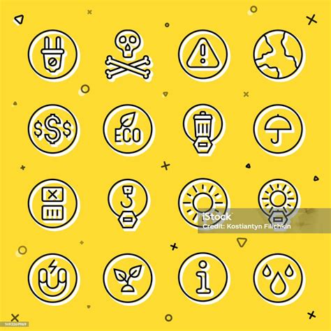 세트 라인 물방울 직사광선 없음 우산이 있는 배달 패키지 삼각형의 느낌표 잎 에코 기호 달러 전기 플러그 및 쓰레기통 아이콘