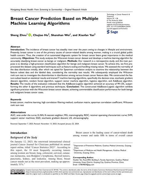pdf breast cancer prediction based on multiple machine learning