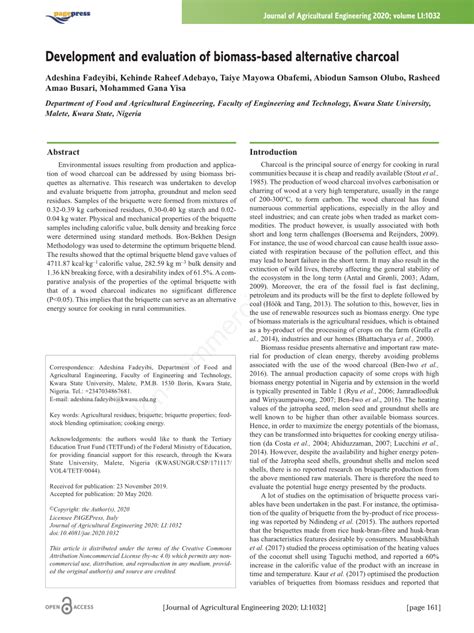 Pdf Development And Evaluation Of Biomass Based Alternative Charcoal