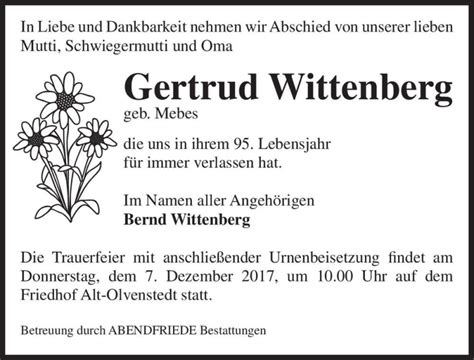 Traueranzeigen Von Gertrud Wittenberg Geb Mebes Abschied Nehmende