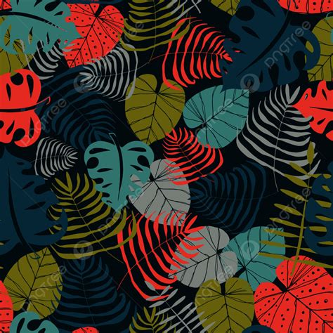 Seamless Vector Repeat Pattern Of Hand Drawn Tropical Leaf Motifs On A