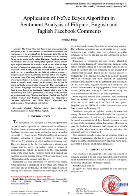 Pdf Application Of Naïve Bayes Algorithm In Sentiment Analysis Of Filipino English And