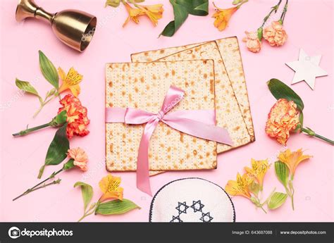 Composition Jewish Flatbread Matza Passover Cup Kippah Flowers Pink