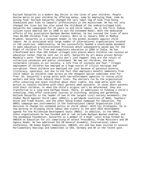 Kailash Satyarthi Pdf Social Policy Human Rights