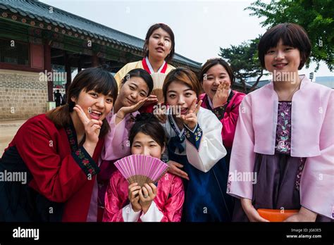 Group Of Young Women In The Gyeongbokgung Palace Seoul South Korea