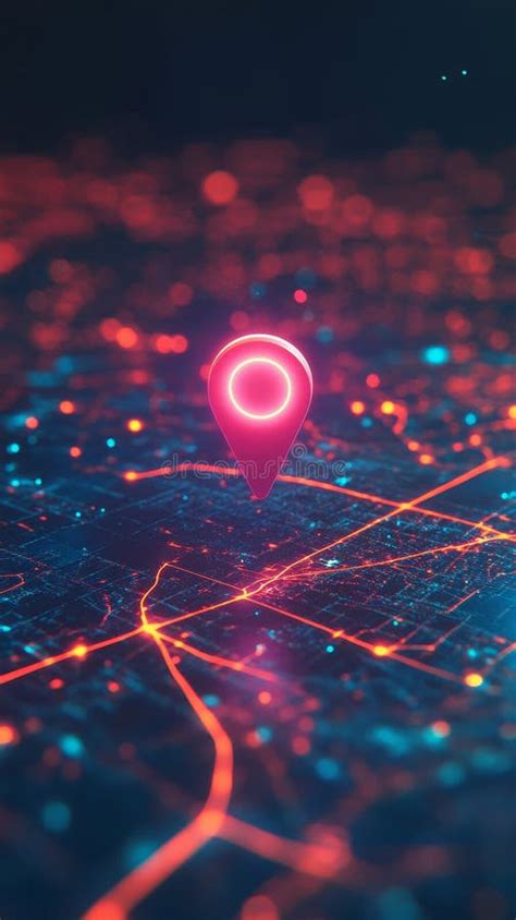 Futuristic Digital Map With Glowing Neon Red Location Pin Over City Grid At Night Technology