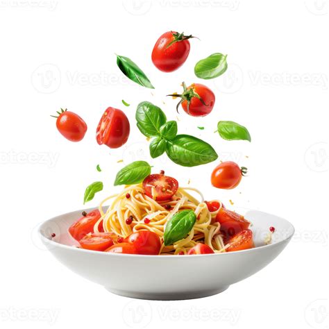Floated Fpasta With Tomatoes And Basil Falling Into A Plate Isolate On Transparency Background