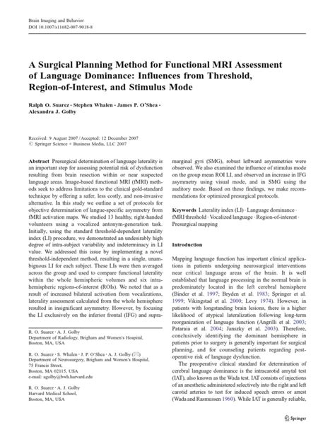 Pdf A Surgical Planning Method For Functional Mri Assessmentof Language Dominance Influences