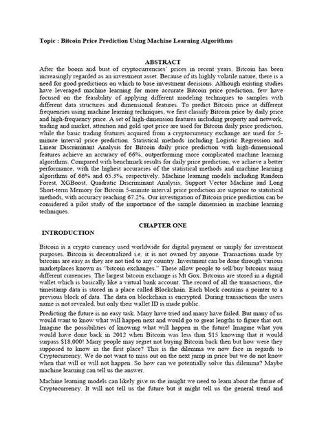 Bitcoin Price Prediction Using Machine Learning Algorithms Report Pdf