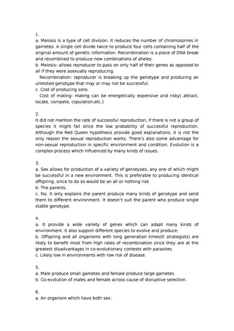 Problem Set 4 1 A Meiosis Is A Type Of Cell Division It Reduces The Number Of Chromosomes