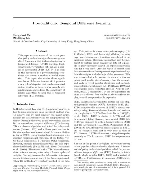 Pdf Preconditioned Temporal Difference Learning