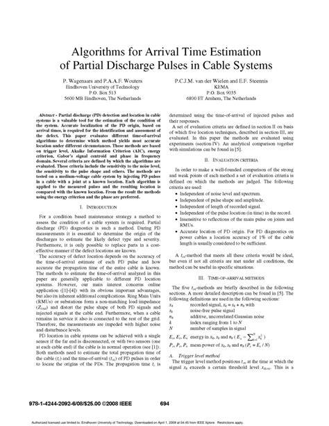 Pdf Algorithms For Arrival Time Estimation Of Partial Discharge Pulses In Cable Systems