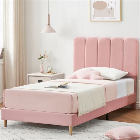 Idealhouse Modern Pink Twin Size Bed Frame Velvet Upholstery Wooden