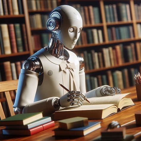 Premium Photo A Robot Sit On Library Table And Read Book Ai Generated