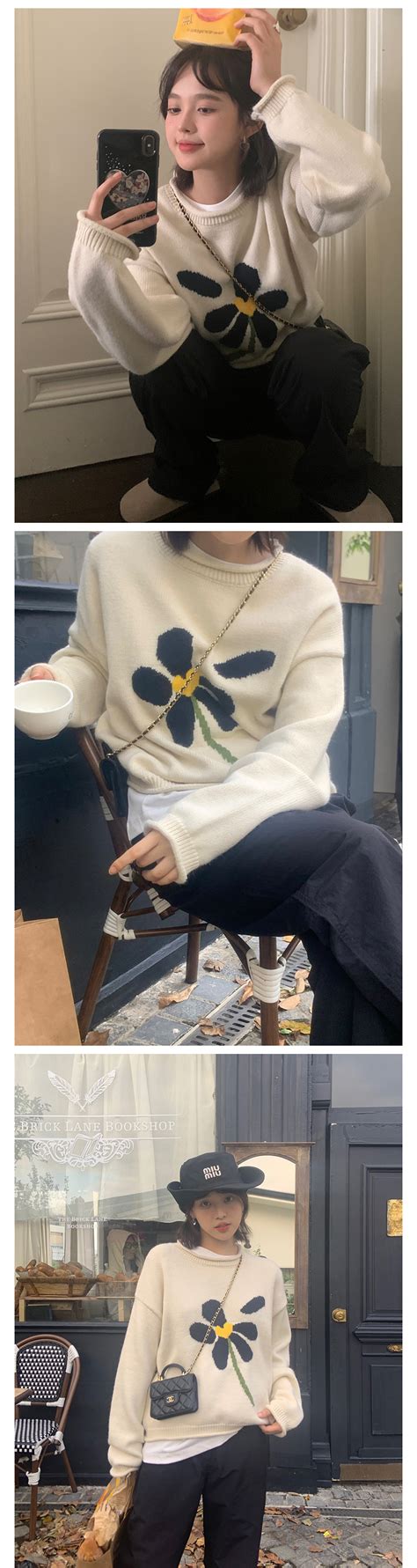 봄신상 2color 데일리 플라워 꽃무늬 니트 탑 스웨터 맨투맨 라운드넥 이너티 긴팔 러블리룩 데이트룩 Z Ssc 23