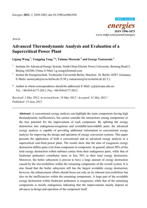 Pdf Advanced Thermodynamic Analysis And Evaluation Of A Supercritical Power Plant