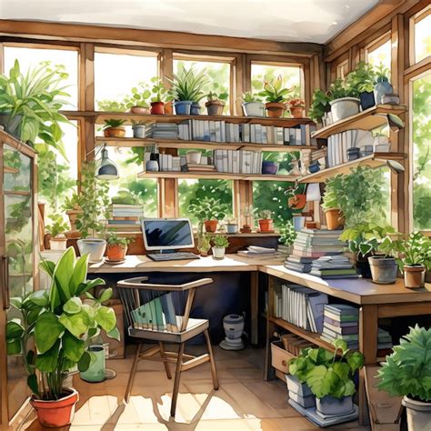 Premium AI Image A Room With A Book Shelf With Potted Plants And Bookshelves
