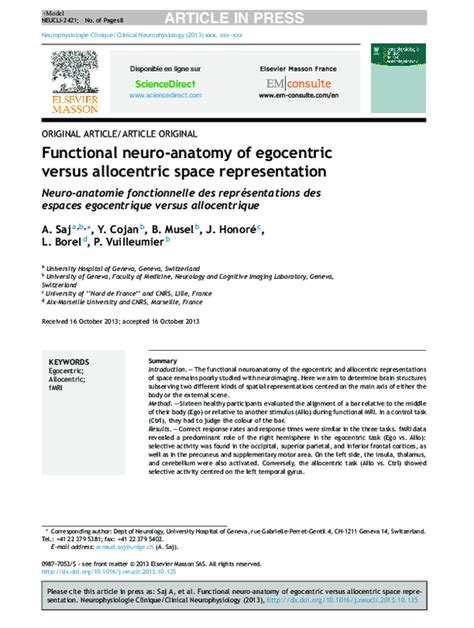 Pdf Functional Neuro Anatomy Of Egocentric Versus Allocentric Space Representation