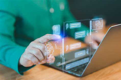 사용자 남성은 기술 스마트 로봇 Ai를 사용합니다 인공지능은 무언가를 생성하기 위한 프롬프트를 입력하고 미래형 기술 변모를