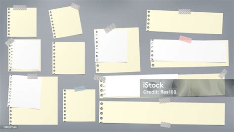 흰색과 노란색 노트 세트 어두운 회색 배경에 끈적 끈적한 테이프가 붙어 노트북 종이 조각 벡터 일러스트레이션 0명에 대한 스톡 벡터 아트 및 기타 이미지 Istock