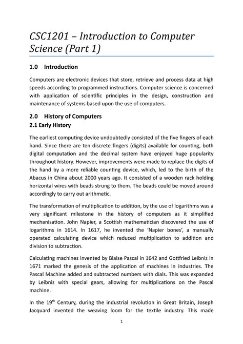 CSC1201 Part1 Notes The CSC1201 Introduction To Computer Science Part 1 1 Introduction