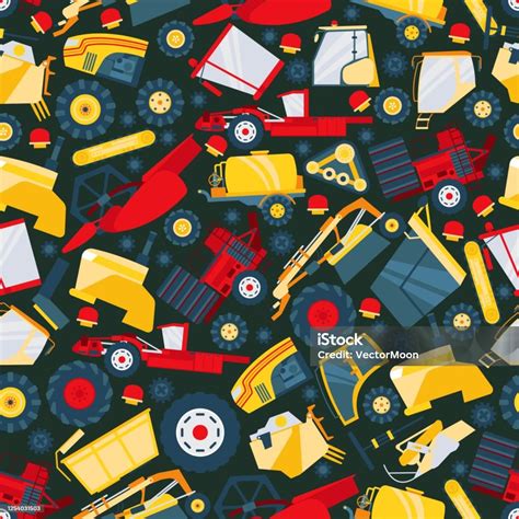 트랙터 트럭 자동차 큰 노동자 기계 원활한 패턴 평면 벡터 일러스트 기계 공학 기계 수송기 건설 산업에 대한 스톡 벡터 아트 및 기타 이미지 Istock