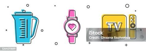 측정 컵 심장 박동 률과 Tv 박스 수신기와 리모컨 아이콘 플레이어를 보여주는 스마트 시계 를 설정합니다 벡터 건강한 생활방식에 대한 스톡 벡터 아트 및 기타 이미지
