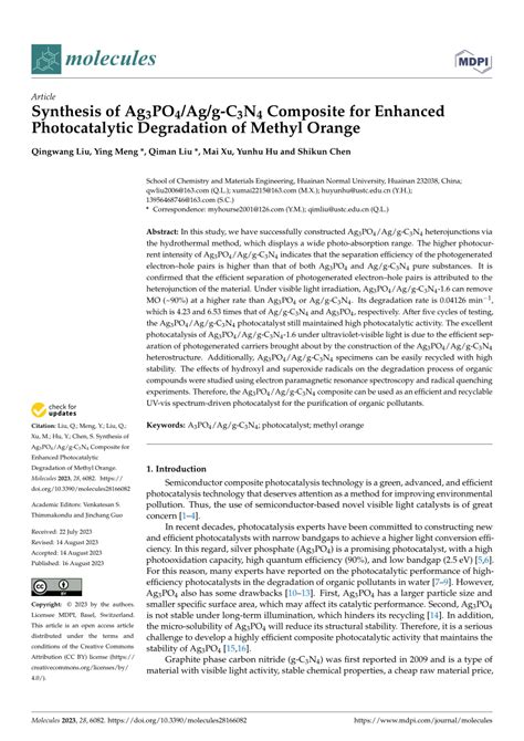 Pdf Synthesis Of Ag3po4 Ag G C3n4 Composite For Enhanced Photocatalytic Degradation Of Methyl