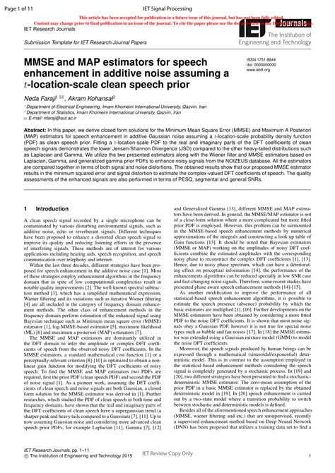 Pdf Mmse And Map Estimators For Speech Enhancement In Additive Noise Assuming A T Location