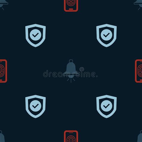 Set Mobile With Fingerprint Scanner Ringing Alarm Bell And Shield Check Mark On Seamless
