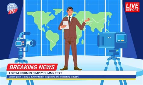 세계 지도 배경이 있는 받침대에 있는 Tv 스튜디오 발표자에서 보고하는 뉴스 앵커 프리미엄 벡터