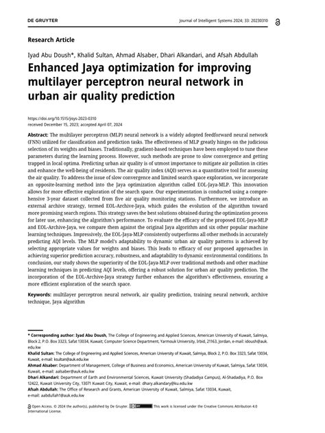 Pdf Enhanced Jaya Optimization For Improving Multilayer Perceptron Neural Network In Urban Air
