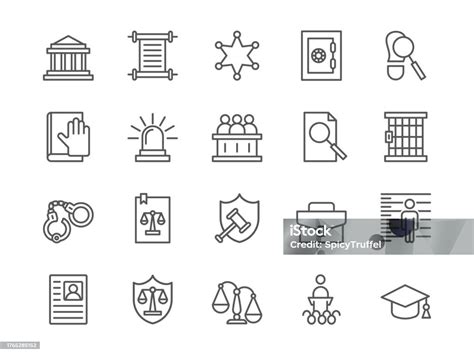 유효한 선 기호 법원 및 정부 시스템 변호사 및 판사 보안 방패 아이콘 수갑을 찬 채 체포됨 법률 또는 사법 당국 격자 감옥